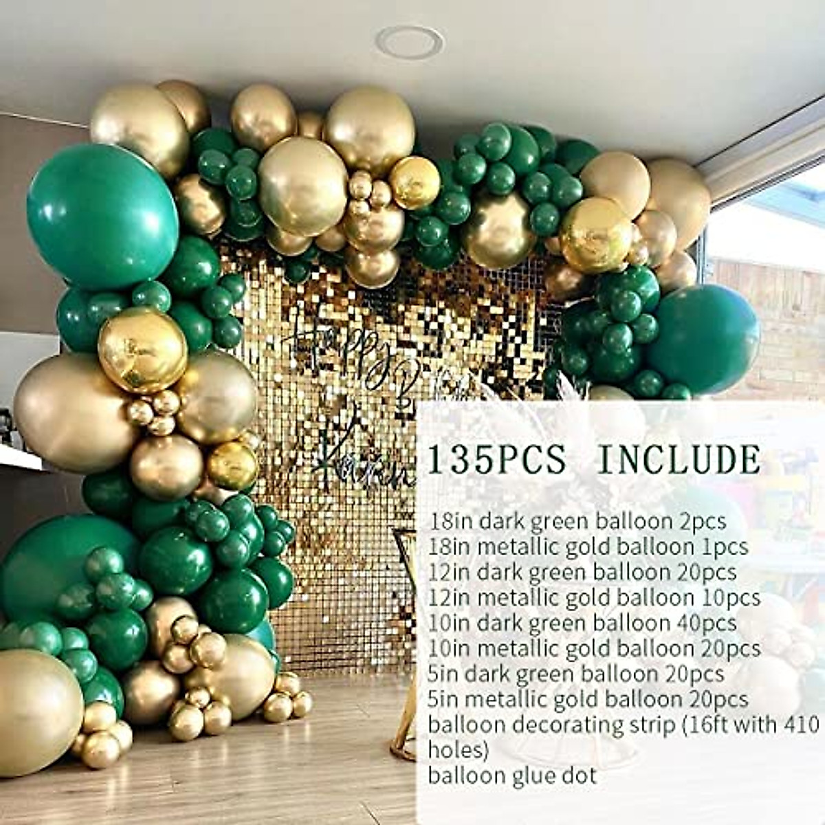 Green and Gold Balloon Arch Garland Kit-Metallic Gold Balloon Dark Green Balloon 135Pcs for Birthday,Baby Shower,Christmas,Gender Reveal,Wedding Party Decoration.