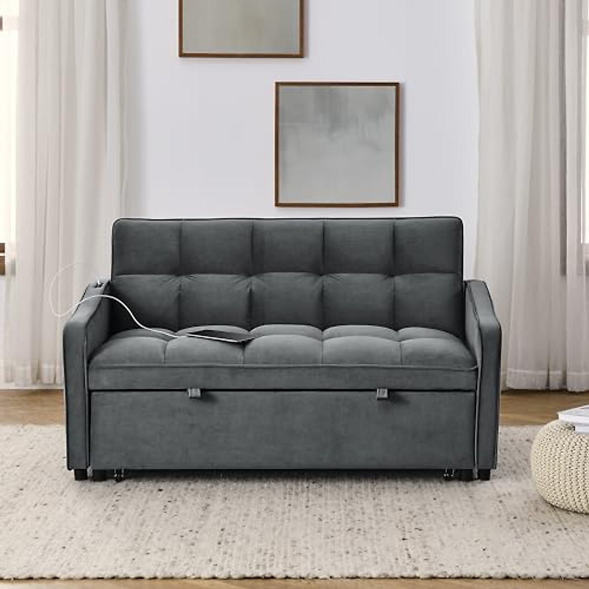Upholstered Futon Loveseat Sofa Convertible to Sleeper Sofá Bed,Adjsutable Love Seat Chaise Lounge Couch Chair,Sofacama with Two Arm Pocket,Type C,USB Charging and Copper Nail for RV/Living Room