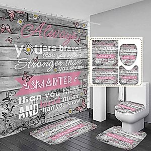 AAtter 4 Piece Pink and Grey Shower Curtain Set Inspirational Quotes Girls Kids Motivational Women 60Wx72L Curtains Decor with Non-Slip Rugs, Toilet Lid Cover and Bath Mat Bathroom Accessories, Rustic
