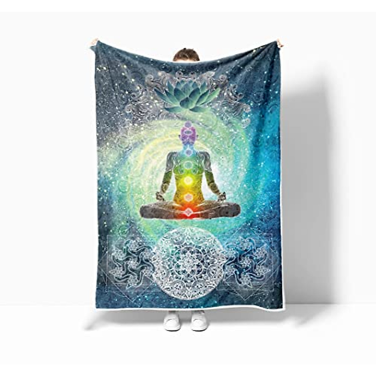 Chakra Chunky Throw Blanket for Couch Bedroom Bedding Decor Office, Seven Chakra Yoga Meditation Zen Hippie Lotus Spiritual Soft Thick Flannel Bed Blanket Decorations (640 Grams 50X60 Inches)