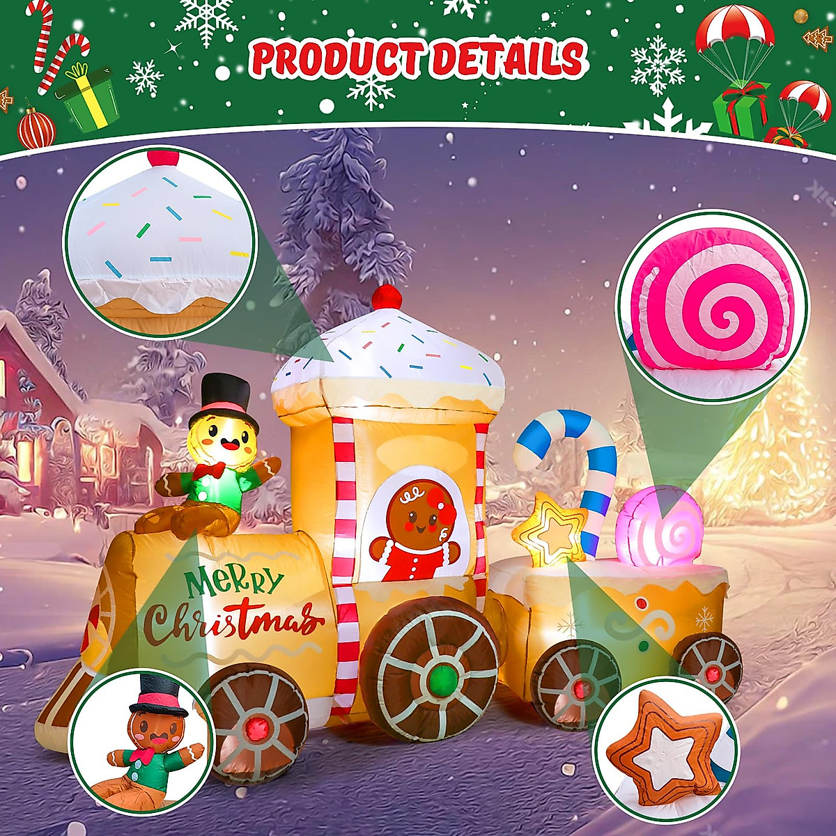 8ft Christmas Inflatable Train Decoration with LED Lights, Candy Canes, Gingerbread Men - For Outdoor
