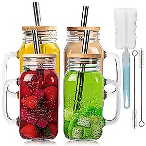 Yirilan 4 Pack 24Oz Mason Jar Cups, Mason Jars with Handle, Mason Jar Drinking Glasses, Mason Jar with Lid and Straw, Mason Jar Mugs