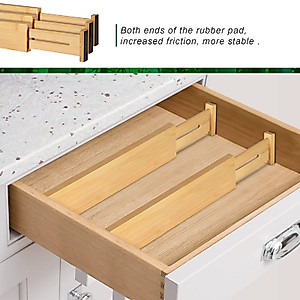4 Pack Bamboo Drawer Dividers, Adjustable Length from 12 Inch to 17 Inch, Expandable Kitchen Drawer Organizer, Drawer Organization Separators for Clothes, Kitchen, Bedroom, Dresser, Office (Beige)
