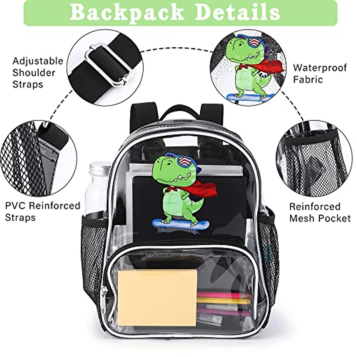 Clearlove Clear Backpack Heavy Duty Kids Backpack with Dinosaur Print Use Piping Design Suitable for Schools,Stadiums, Beaches and Other Living Places(A4 size books are not supported)