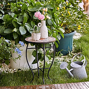 VONLUCE Mosaic Side Table and Plant Stand, 21" Round End Table with 14" Ceramic Tile Top, Indoor & Outdoor Accent Table, Porch Patio Furniture, Entryway & Coffee Table for Home & Garden, Maple