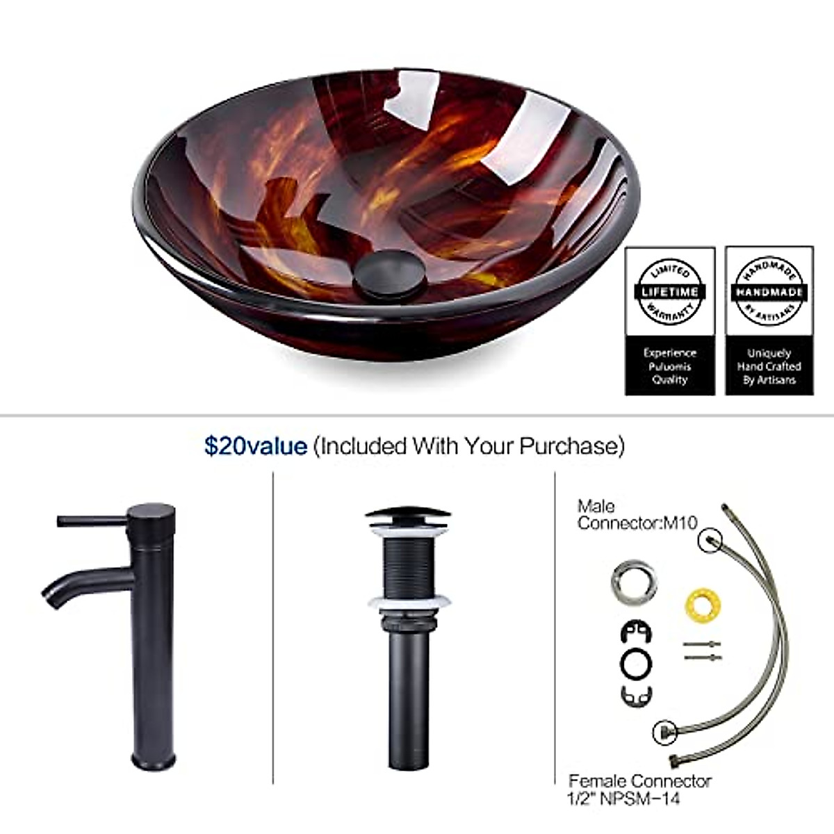 Puluomis Artistic Vessel Sink Bathroom Tempered Glass Vanity Round Bowl with Oil Rubber Bronze Faucet and Pop up drain Combo, Flame Red