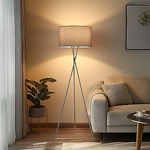 Kira Home Sadie 60" Mid Century Modern Tripod LED Floor Lamp + 9W Bulb (Energy Efficient/Eco-Friendly), Gray Drum Shade, Brushed Nickel Finish