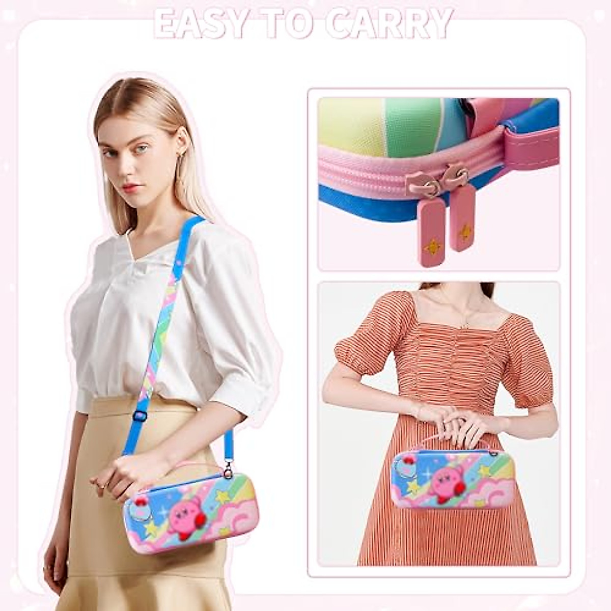 FUNDIARY Pink Carrying Case for Nintendo Switch with Kirby Design, Cute Shockproof Accessories for Switch Console Joycon with Travel Bag, TPU Skin Case, Screen Protector, Shoulder Strap & 2 Thumb Caps