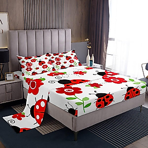 Castle Fairy Ladybug Bed Sheets Kids Boys Red Floral and Animal Sheet Set 3 Pcs Child Cute Bug Sheets Set + Deep Pocket Fitted Sheets + Entomology Flat Sheet 1 Pillow Sham,Twin Size