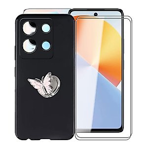 KJYFOANI for Infinix Note 30 Phone Case, [ 2 x Tempered Glass Protective Film], Shockproof Soft Silicone Case, with [360° Rotation Ring Kickstand] Case for Infinix Note 30 (6.78"). Black