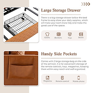 Deolme Convertible Sleeper Sofa Bed, Modern Loveseat Couch with Pull Out Bed, Small Love Seat Futon Sofa Bed with 2 Pillows&Side Pockets&Storage for Living Room,Sofa cama para habitacion (Brown PU)