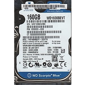 WESTERN DIGITAL Part # WD1600BEVT-22ZCT0,
