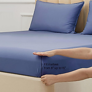 WODFAMY Cooling Breathable Rayon Full Size Bed Sheets Set 225 Thread Count Super Silky Soft Bedding Sheet Sets with 16 Inch Deep Pocket, 4 Piece Grey Blue