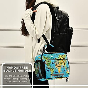 Kids Animal World Map Lunch Box Reusable Insulated School Lunch Bag Cooler Cooling Lunch Tote Bag for Boys,Girls,Travel,Picnic（2021925）