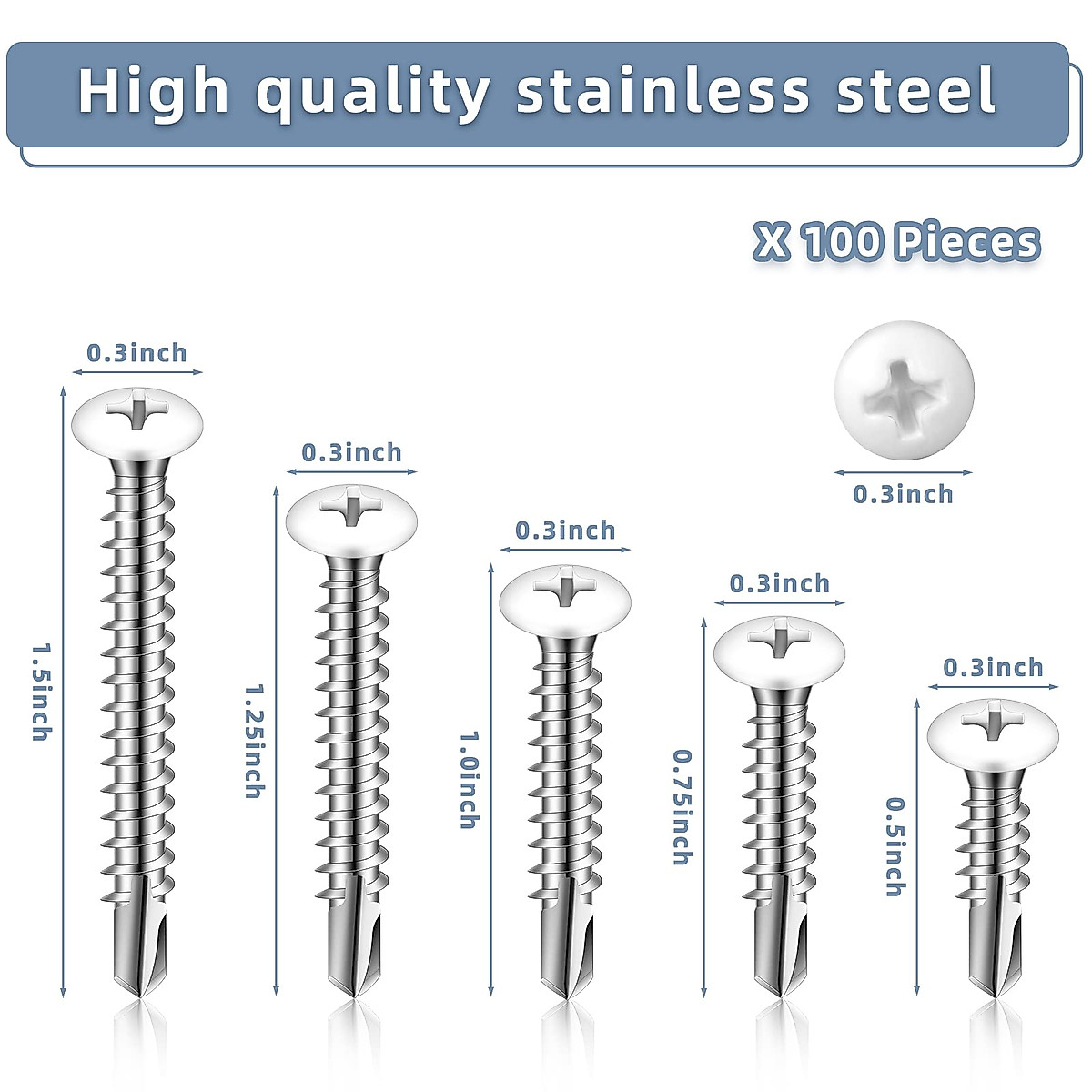 100 Pcs 5 Size #8 White Screws White Wood Screws White Pan Head Screws White Sheet Metal Screws Stainless Steel Screws Wall Plate Fast Self Tapping Screws Thread Truss for Switches Covers Replacement