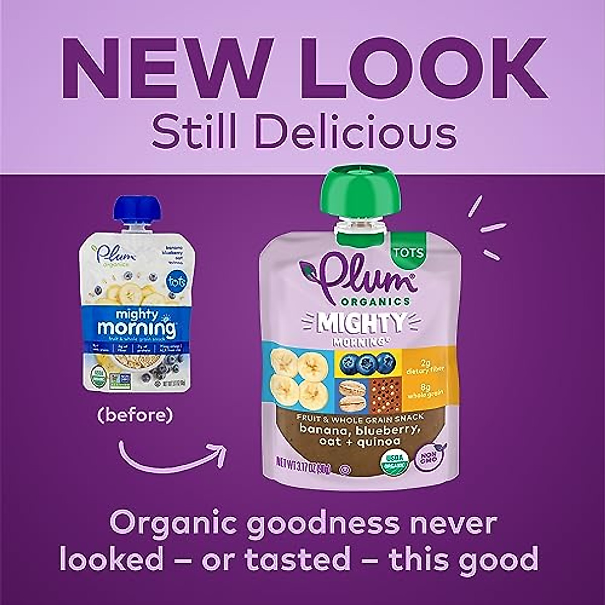 Plum Organics Mighty Morning Organic Toddler Food - Banana, Blueberry, Oat, and Quinoa - 3.17 oz Pouch (Pack of 24) - Organic Fruit and Whole Grain Toddler Food Pouch