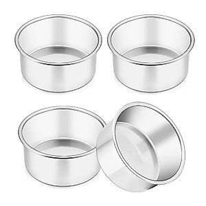 TeamFar 4 Inch Cake Pan, 4 Pcs Mini Cake Pan Round Tier Baking Cake Pans Set Stainless Steel, For Baking Steaming Serving, Healthy & Sturdy, Mirror Finish & Dishwasher Safe