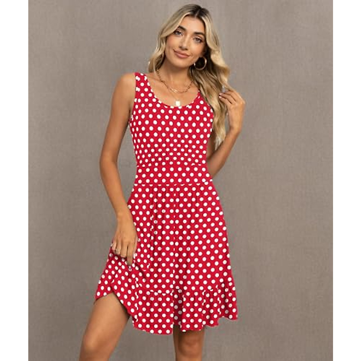 LILBETTER Women's Beach Dresses for Women Casual Summer Sexy Knee Length Mini Dresses(F Red Polka Dot, XX-Large)