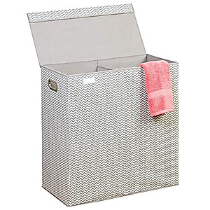 iDesign Axis Fabric Double Folding Laundry Clothes Hamper Bin with Handles and Lid, Basket for Bedroom, College Dorm, 24" x 12" x 25", Taupe