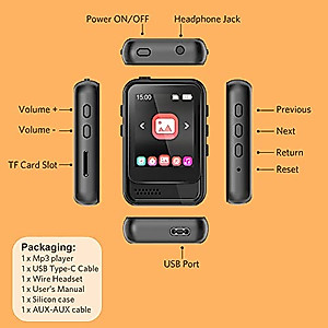 32GB Mp3 Player with Bluetooth, Portable Music Player Built-in Micro SD Card Slot and HD Speaker Support FM Radio Voice Record Video Ebook Alarm Full-Touch Screen Mp3 Mp4 Player for Running