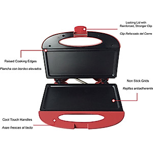 Bene Casa - Red Nonstick Flat Grill Sandwich Maker - Includes Cool-touch Handles and Die Cast Aluminum Cooking Surface