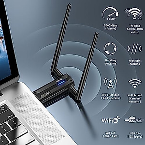 USB 3.0 WiFi 6E AX5400M WiFi Adapter for PC, 802.11AX, Tri-Band 6GHz/ 5GHz/ 2.4GHz, Dual 5dBi Antennas, USB WiFi Dongle Wireless Network Adapter for Desktop PC Laptop, Only Work for Windows 11/10