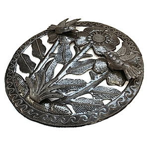 It's Cactus Small Floral Garden Decor, Wall Plaque, Hummingbirds and Flowers, Haitian Metal Art, 10 Inches Round