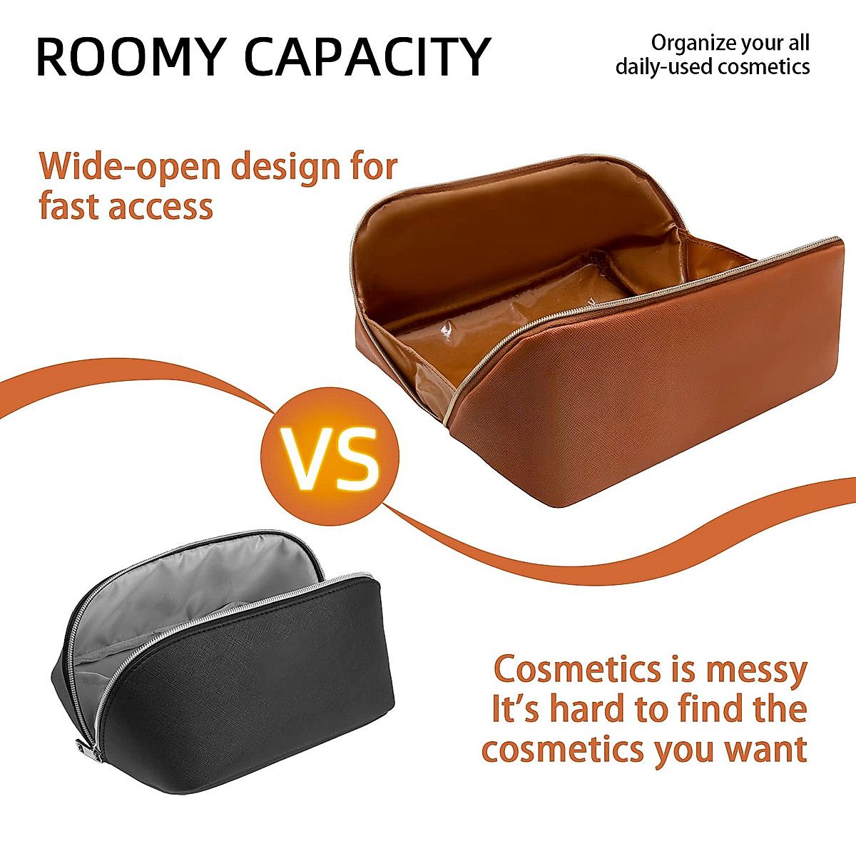 Makeup Bag,Large Capacity Travel Cosmetic Bag for Women, Multifunctional Open Flat Toiletry Bag with Handle,Washable Waterproof Beauty Zipper Makeup Organizer (Synthetic leather, brown)