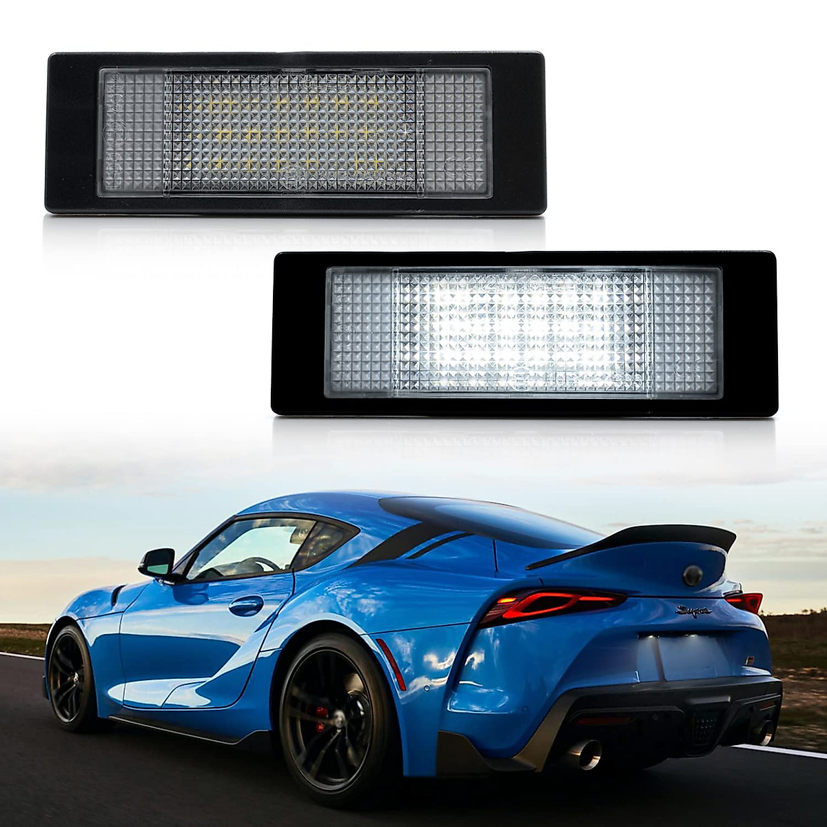 LED License Plate Lights Compatible w/ 2020 2021 2022 To'yota GR Supra, OEM Led Number Lamps Replacement 6000K 18-SMD Led Xenon White Rear Tag Light Kit Assembly Canbus Error Free