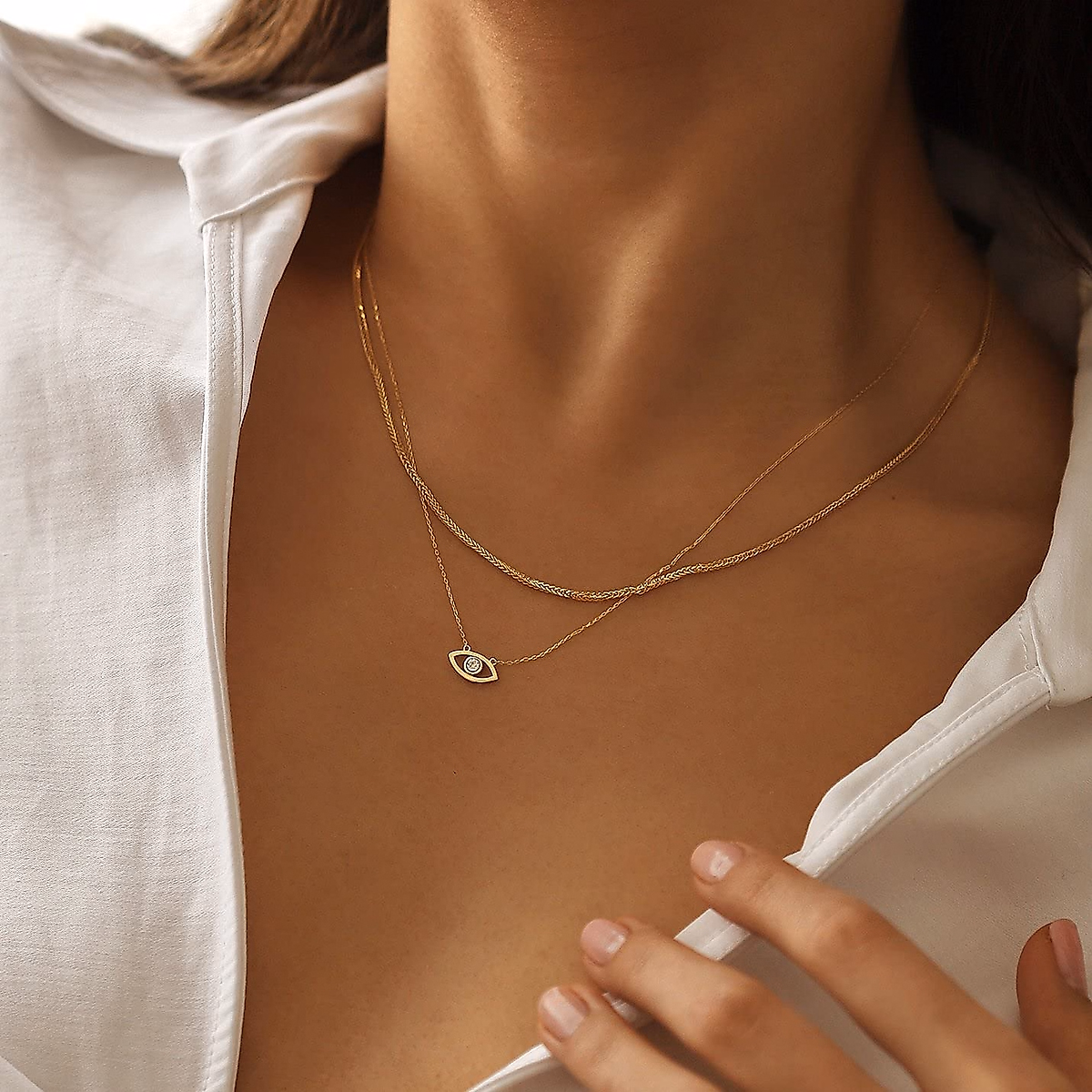 Diamond Evil Eye Necklace | 14k Yellow Gold Open Evil Eye Necklaces for Women | 14k Solid Gold Solitaire Diamond Pendant Necklace | Delicate Protection Jewelry | Gifts for Birthday, 18"