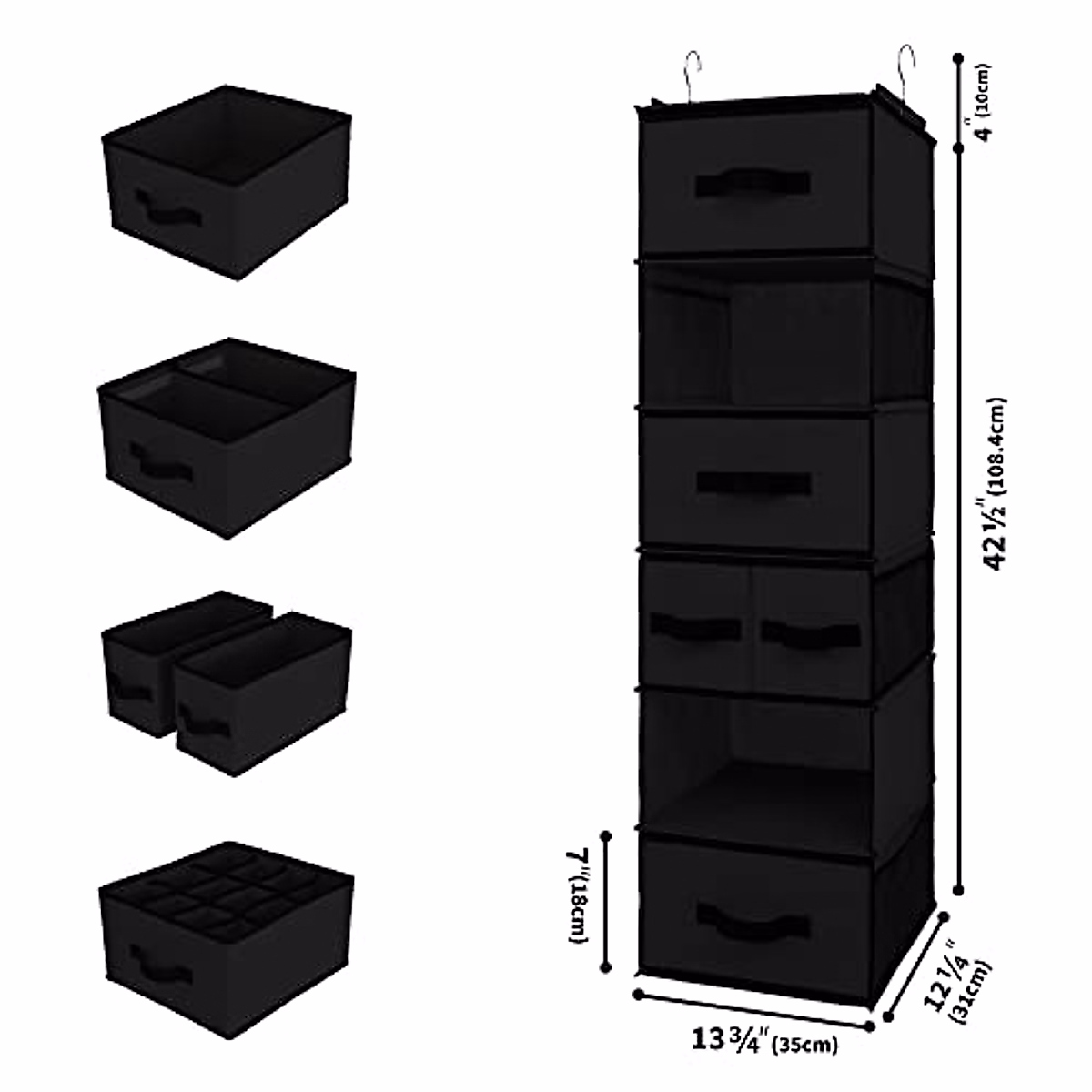 GRANNY SAYS Hanging Closet Organizer 6 Shelves, Closet Organization and Storage with 5 Different Drawers, 6 Side Pockets Wardrobe Clothes Organizer for Closet, Black, 1-Pack