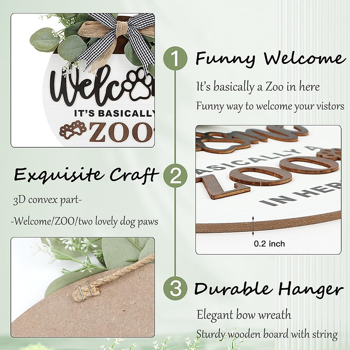 TOARTi 3D Rustic Humorous Front Door Welcome Sign, It's Basically A Zoo In Here, Funny Pet Lover Home Porch Wall Decor, 11.8''x11.8'' Wooden Sign with Black Letters & Bow-knot Wreath