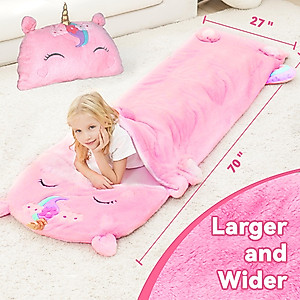 iPlay, iLearn Kids Unicorn Sleeping Bag, Toddler Girl Nap Mat, Plush Animal Slumber Bag 2 In 1 Pink Pillow Daycare Preschool Kindergarten Birthday Gift Travel Sleepover 3 4 5 6 7 8 10 12 Yr Child Teen