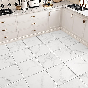 Skyblur 32 PCS Peel and Stick Floor Tile for Kitchen Sticky Vinyl Flooring Tile White Marble Floor Tiles Peel and Stick Waterproof Removable Laminate Flooring for Bedroom RV Garage Floor 12"X12"