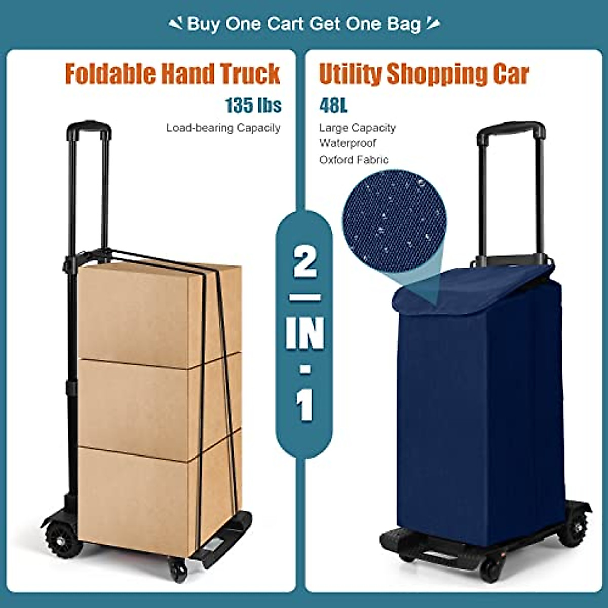 SELORSS 2-in-1 Foldable Utility Cart, Portable Grocery Shopping Cart with Wheels, Telescoping Handle and Removable Waterproof Bag, Collapsible Lightweight Large Capacity Hand Truck for Supermarket