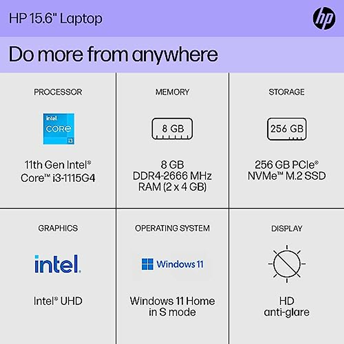 HP 15.6" Laptop, Intel Core i3-1115G4, 8GB RAM, 256GB SSD, Spruce Blue, Windows 11 Home in S Mode, 15-dy2792wm (Renewed)