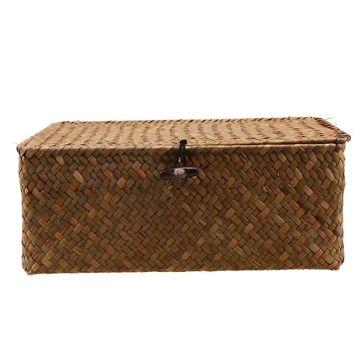 Natural Straw Rattan Multipurpose Container Rectangular Storage Baskets With Lid Hand Woven Storage Box with Button for Desktop Home Decoration (12 Inch)