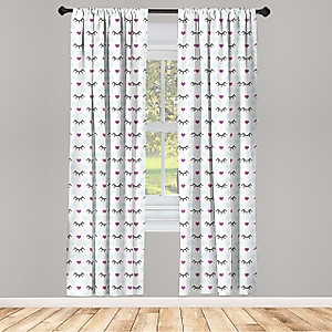 Ambesonne Eyelash Window Curtains, Winking Eyes and Pink Hearts Romantic Pattern Cartoon Childish, Lightweight Decorative Panels Set of 2 with Rod Pocket, 56" x 95", Blue Fuchsia