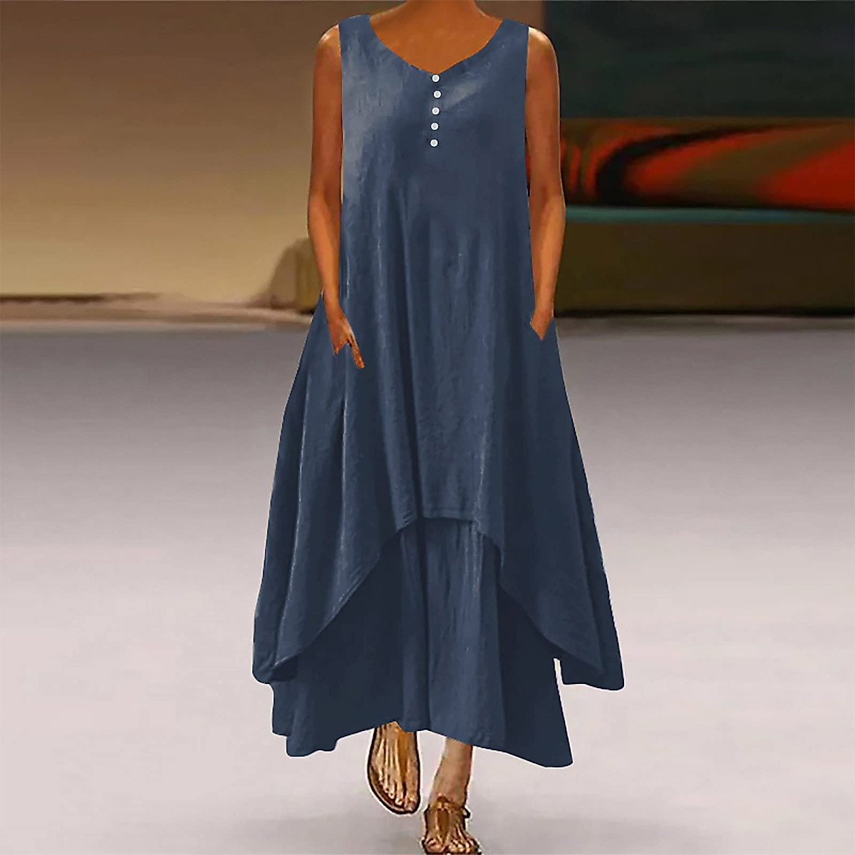 Ceboyel Women Plus Size Summer Dresses Women Irregular Hem Maxi Dress Cotton Linen Long Summer Dress Solid Color Boho Flowy Dress Beach Clothing 2023 Blue 3X