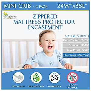 2 Pack Mini Crib Mattress Protector Waterproof Zippered Encasement Cover for Baby, Toddler (Mini Crib Size - 24x38x6)