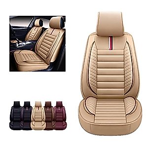 OASIS AUTO Car Seat Covers Premium Waterproof Faux Leather Cushion Universal Accessories Fit SUV Truck Sedan Automotive Vehicle Auto Interior Protector Front Pair (OS-001 Tan)