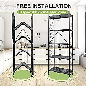 5-Shelf Foldable Storage Shelves with Wheels, Large Capacity Shelving Unit, Freestanding Metal Wire Shelf Rack, No Assembly Organizer Rack for Garage Kitchen, Basement, Pantry, Heavy Duty