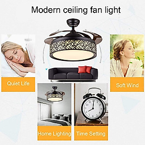 42 inch Black Cage Ceiling Fan with Lights, Ceiling Fan with Retractable Blades Three Color Change Chandelier with Remote Control, Dining Room/Living Room/Bedroom Lighting Decoration-36W