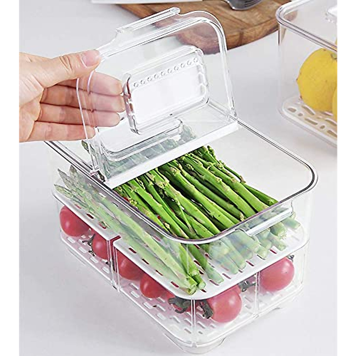 SANNO Vegetable Fruit Storage Containers, Produce Saver Containers Refrigerator Storage Containers Fresh Produce Saver with Lids and Vents,Stackable Salad Lettuce Keeper for Refrigerator