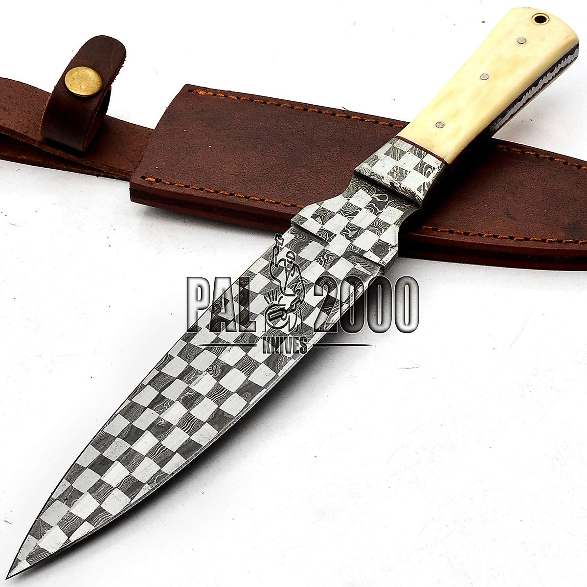 PAL 2000 KNIVES DAM-9719 Custom Handmade Forged Damascus Steel Fixed Blade Hunting Dagger Sharp Edge Knife With Sheath
