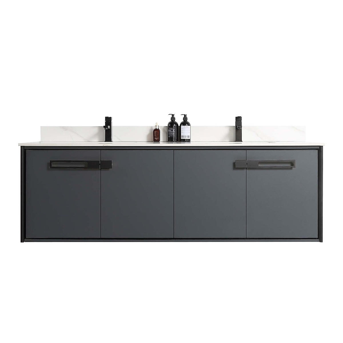 Fine Fixtures Oakville 72 in. W x 20 in. D x 33 in. H Wall Mounted Bathroom Vanity in Onix Grey with White Ceramic Sink - Black Hardware