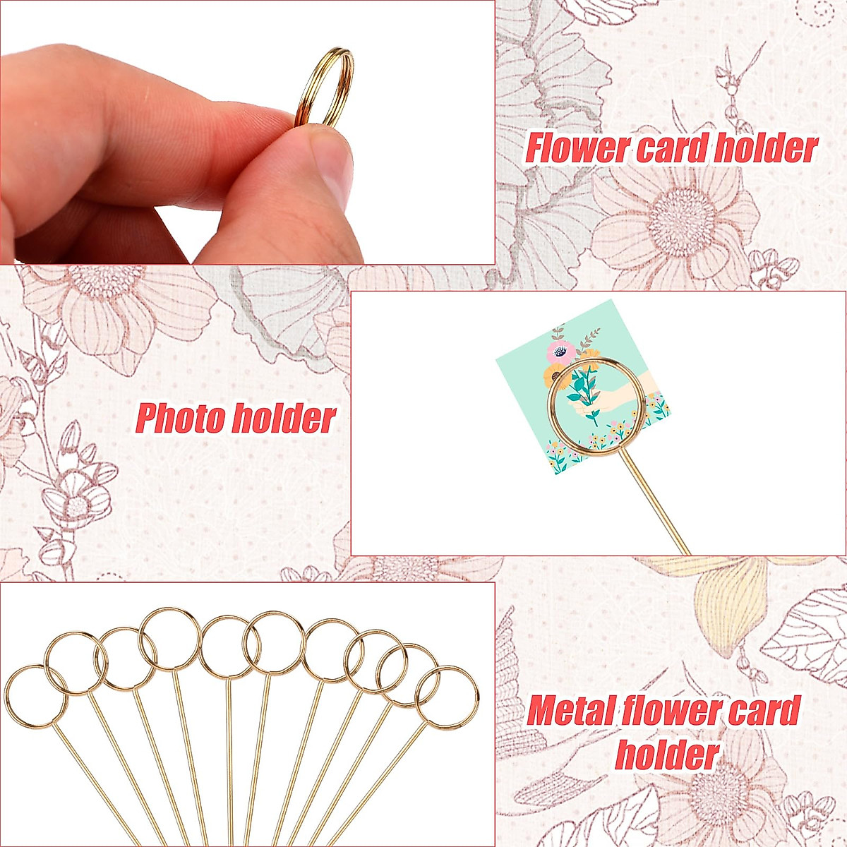 20pcs Floral Card Holder Picks, Metal Round Shape Golden Card Holder Gift Card Holder Fancy Flower Pick Clips Flower Bouquet Accessories for Party Wedding Flower Arrangements