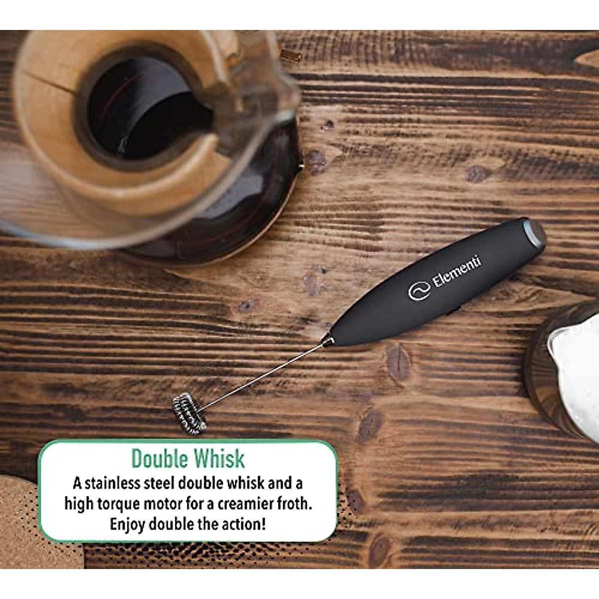 Elementi Milk Frother Wand with Double Whisk - Coffee Frother Electric Stirrer - Matcha Whisk & Drink Mixer Handheld - Hand Held Milk Frother & Electric Whisk for Coffee (Black)