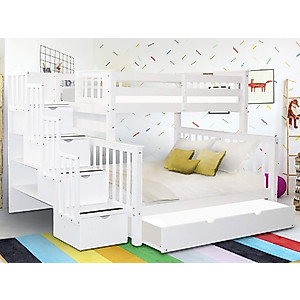 Bedz King Stairway Bunk Beds Twin over Full with 4 Drawers in the Steps and a Twin Trundle, White