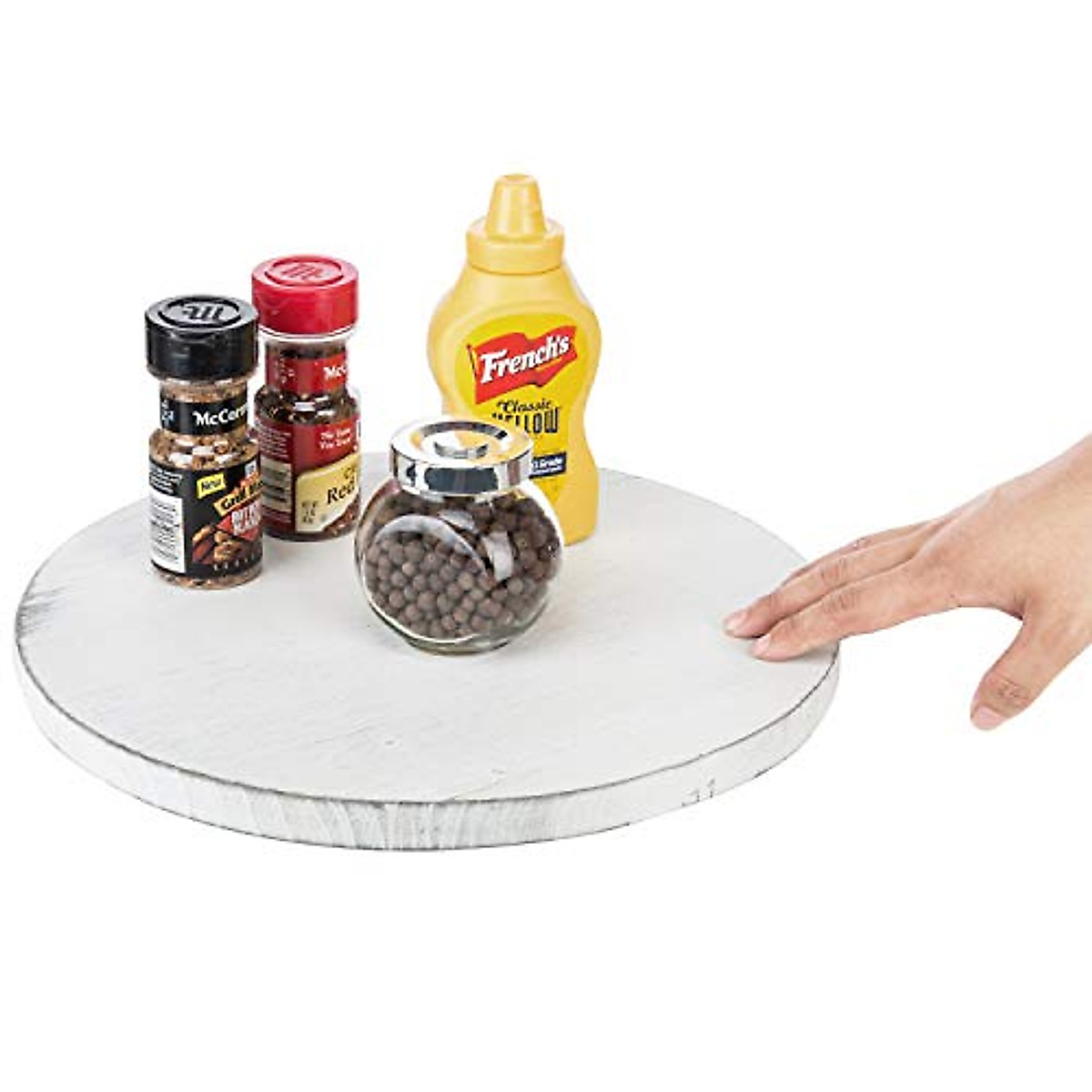 MyGift 13 Inch Vintage White Wood Lazy Susan Turntable Rotating Tray Condiment Serving Tray, 360 Degree Spinning Spice Rack Organizer